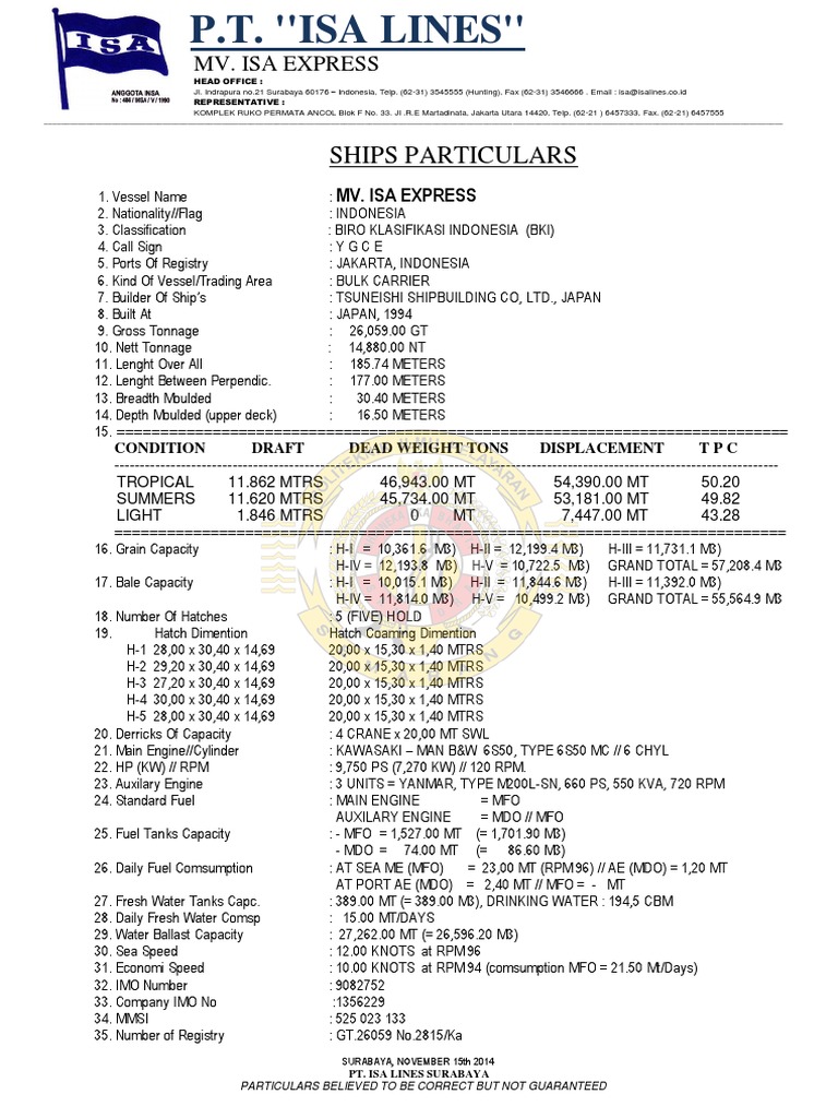 Ship Particular | PDF | Tonnage | Ships