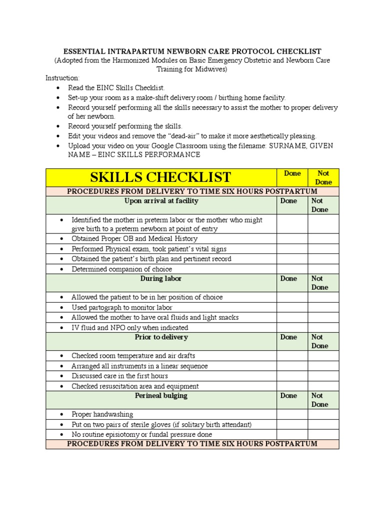 Skills Checklist EINC | PDF | Childbirth | Human Reproduction