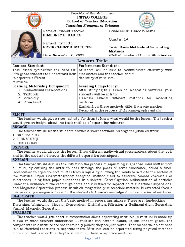 ElemChem8 IBL7E Lesson Plan Basic Methods of Separating Mixtures | PDF ...