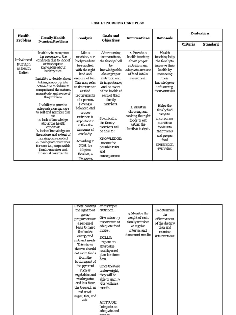 Family Nutrition Care Plan: Addressing Imbalanced Nutrition through ...