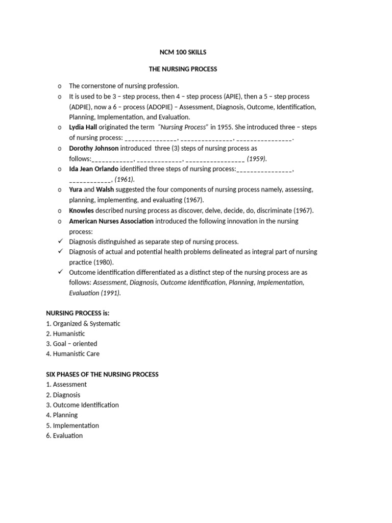 NCM 100 SKILLS Nursing Process Handouts | PDF | Nursing | Risk