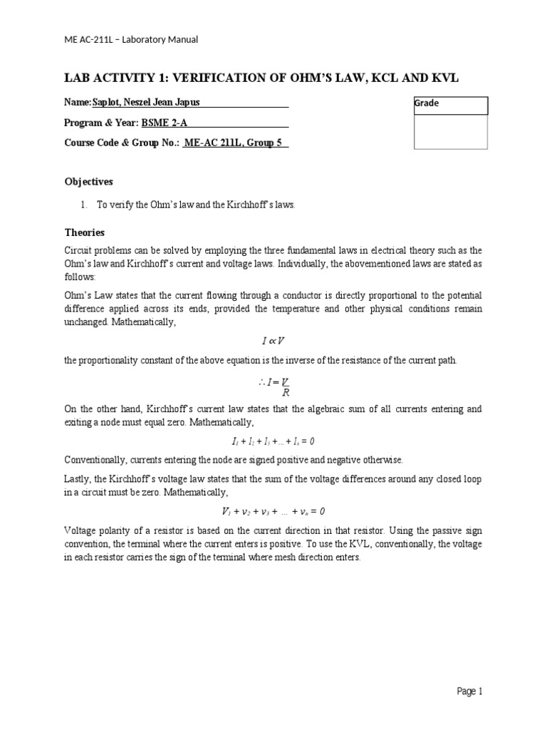 Lab Activity 1: Verification of Ohm'S Law, KCL and KVL: Objectives ...