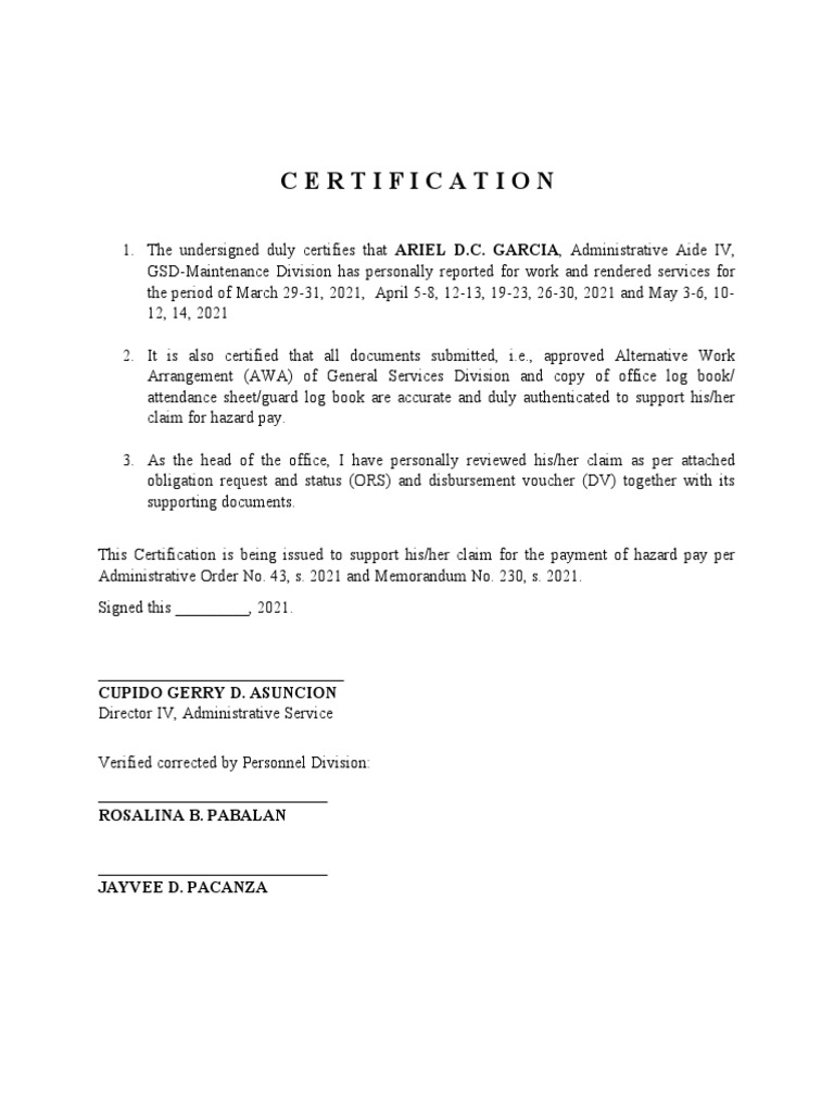 Certification: Cupido Gerry D. Asuncion | PDF | Payments | Services ...