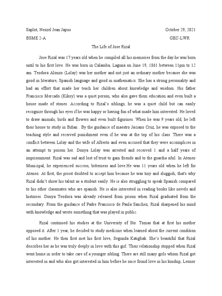 Saplot-Summary of Rizal-2A | PDF | Philippines