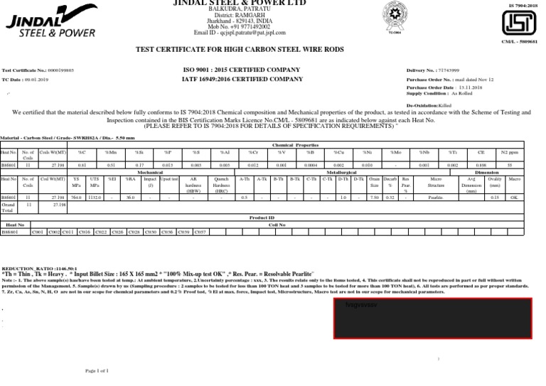 Test Certificate For High Carbon Steel Wire Rods: Iso 9001: 2015 ...