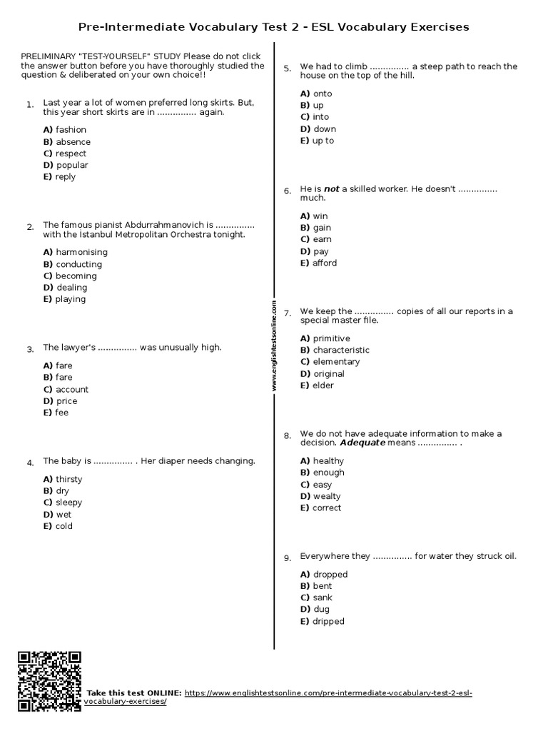 Pre-Intermediate Vocabulary Test PDF | PDF