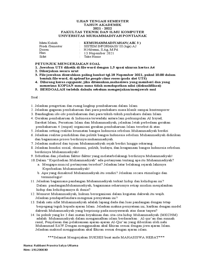Uts Aik Semester 3 Sistem Informasi Nopember 2021 | PDF | Agama & Spiritualitas