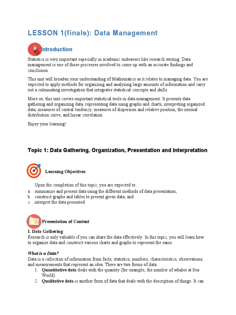 Data Management & Statistics Guide | PDF | Mean | Standard Deviation