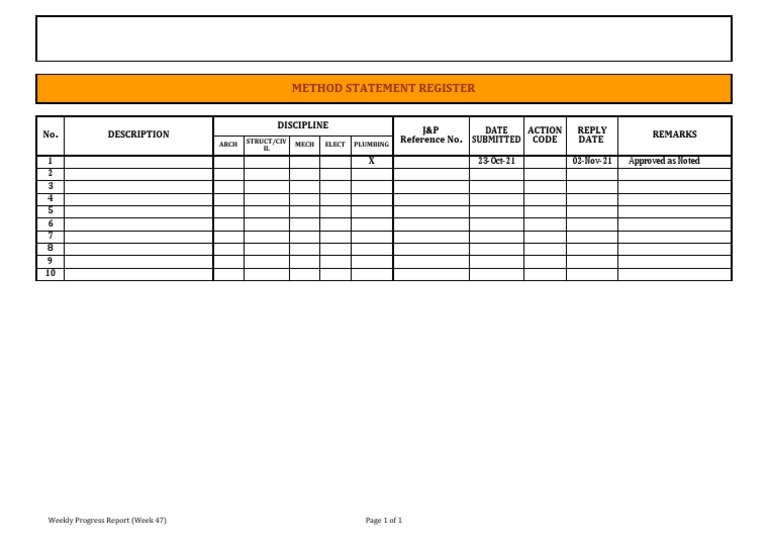Method Statement Register: No. Description Discipline Remarks J&P ...