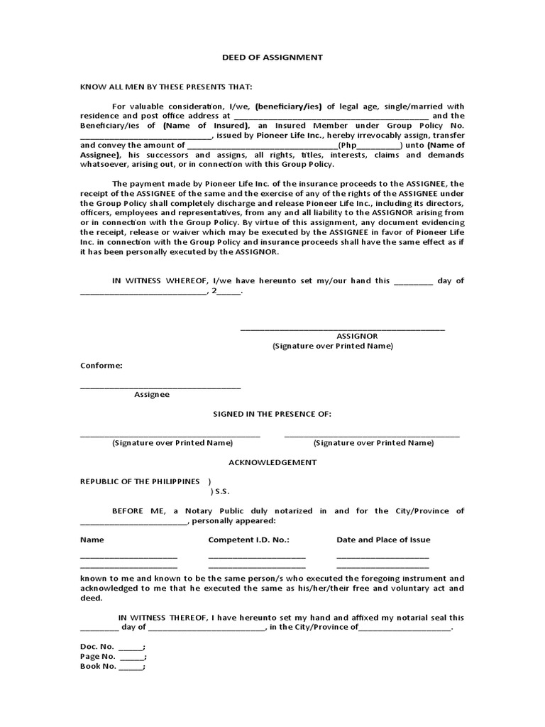 Deed of Assign - Template PLI | PDF | Assignment (Law) | Notary Public