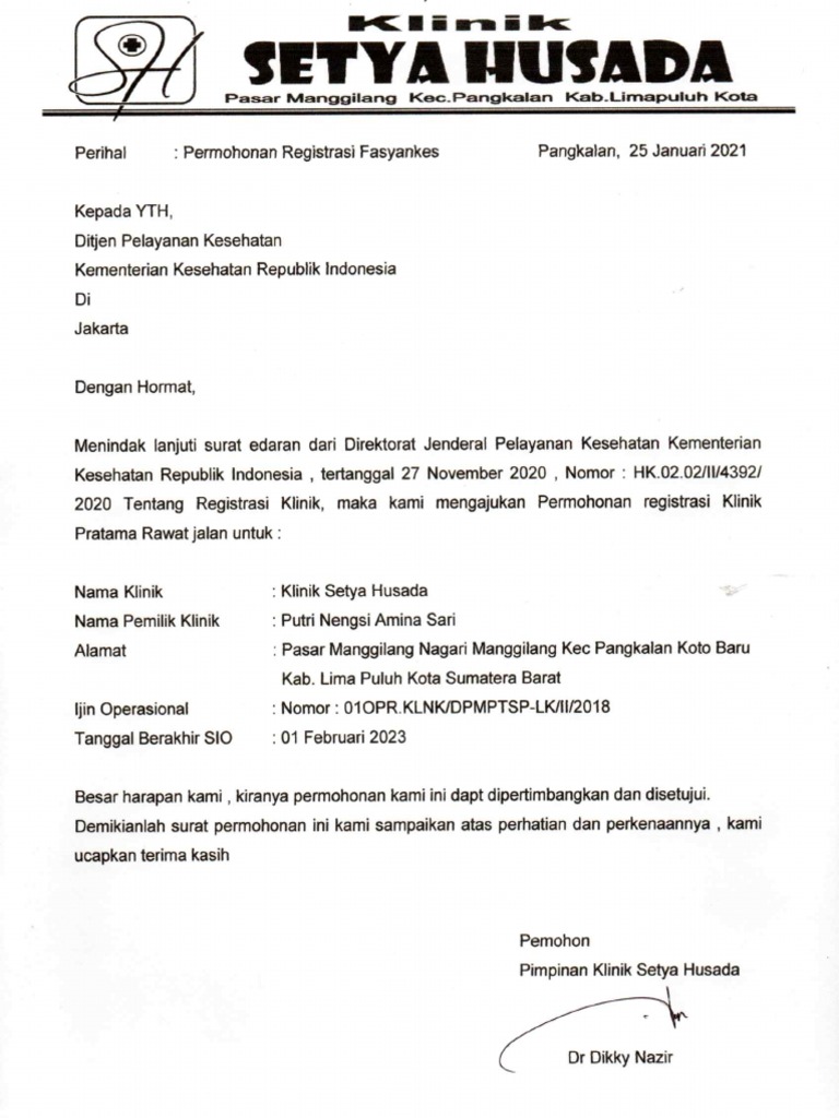 Surat Permohonan Fasyankes Setya Husada | PDF