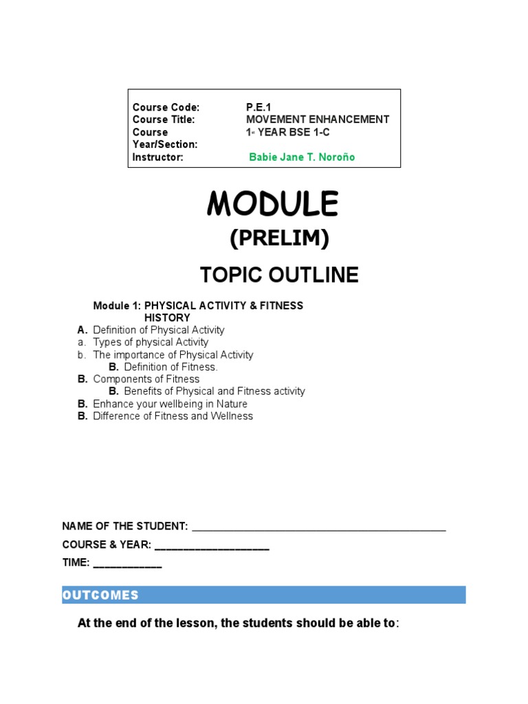 (Prelim) Topic Outline: Movement Enhancement 1 Year Bse 1-C | PDF | Physical Fitness | Balance ...