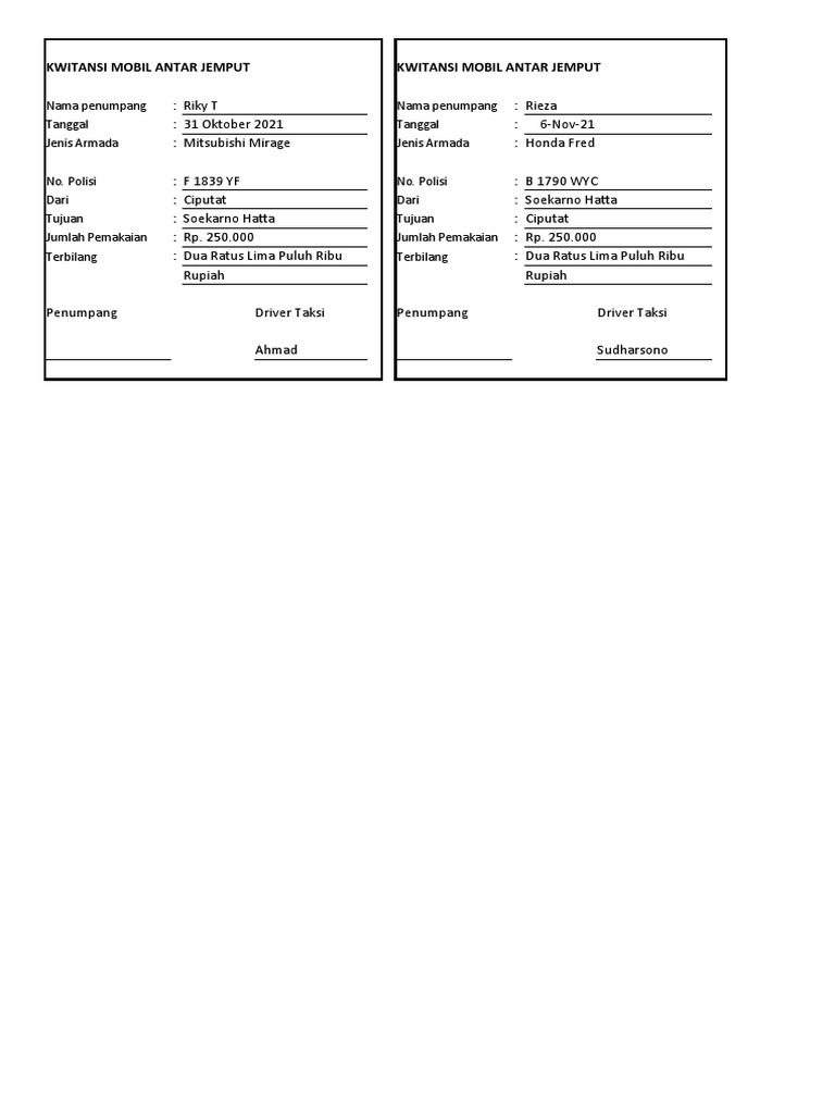 Form Permintaan Voucher Kwitansi Taksi | PDF