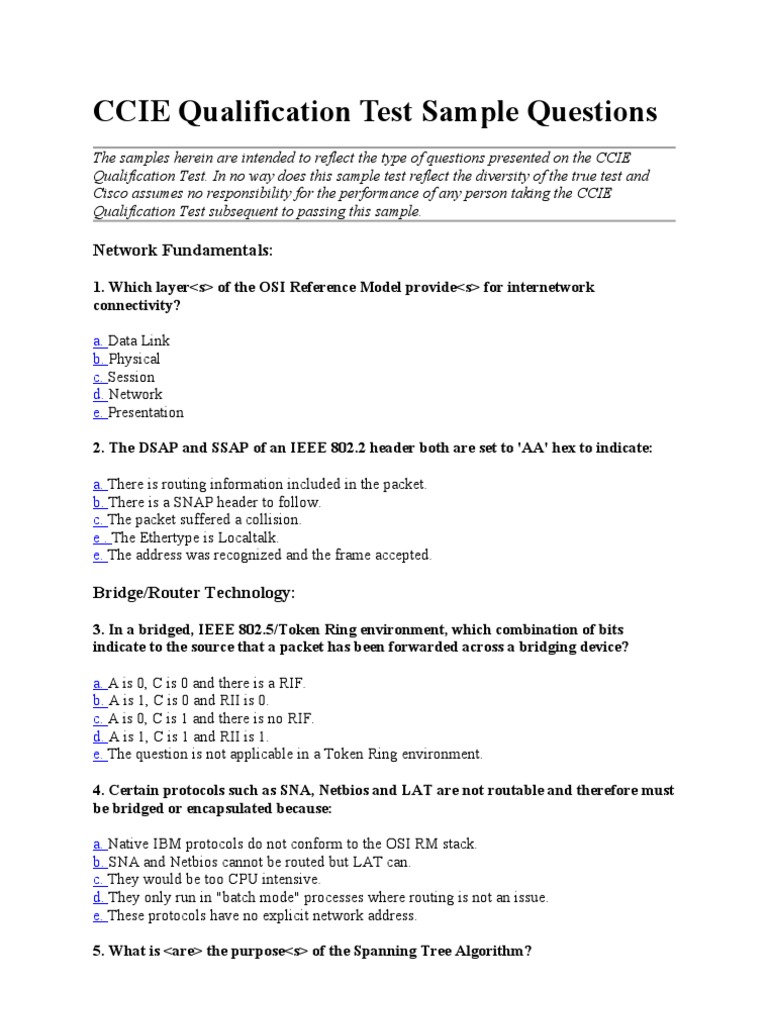 CCIE Qualification Test Sample Questions | PDF | Communications ...