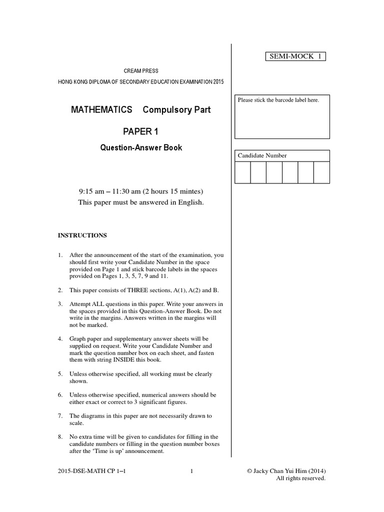 MATHEMATICS Compulsory Part Paper 1: Question-Answer Book | PDF ...