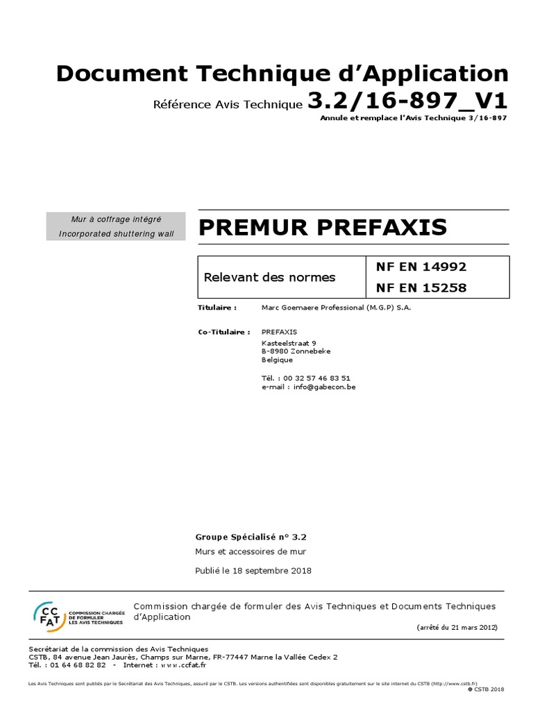 Document Technique D'application 3.2/16-897 - V1: Référence Avis Technique | PDF | Béton | Béton ...