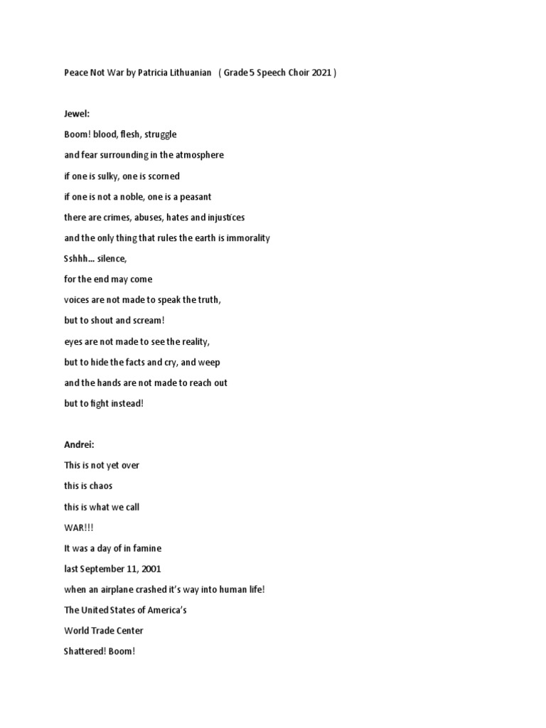 Peace Not War Speech Choir Grade 5 | PDF