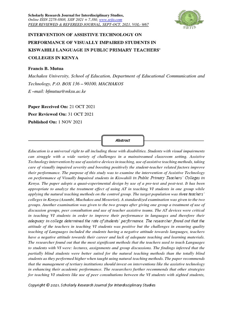 Intervention of Assistive Technology On Performance of Visually Impaired Students in Kiswahili ...