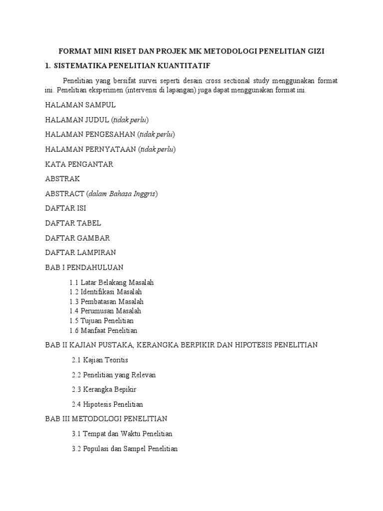 Format Mini Riset Dan Projek MK Metodologi Penelitian Gizi | PDF
