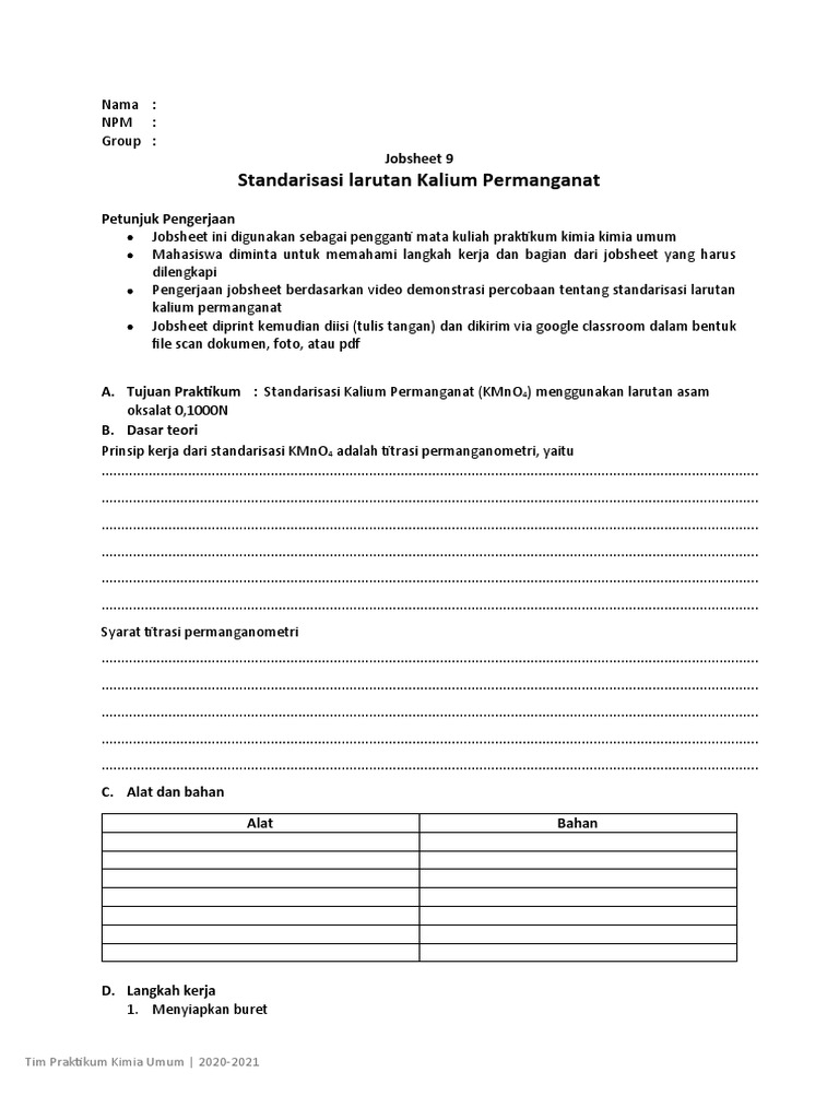 Jobsheet 9 Standarisasi KMnO4 | PDF