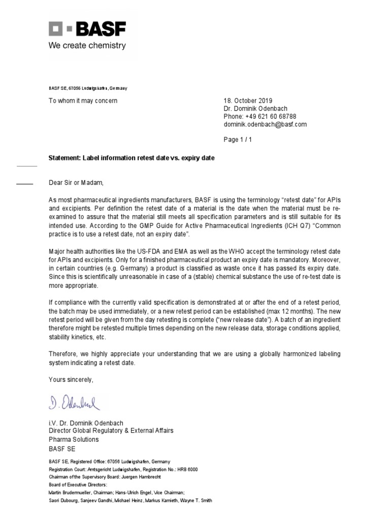 BASF 20191018 Retest Date Statement Common BASF | PDF | Pharmacy ...