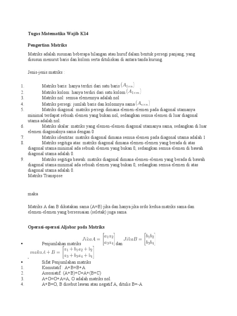 Tugas Matematika Wajib K14 Matriks | PDF