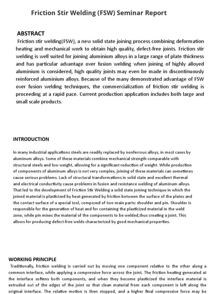 Friction Stir Welding (FSW) Seminar Report 2 | PDF | Construction | Welding
