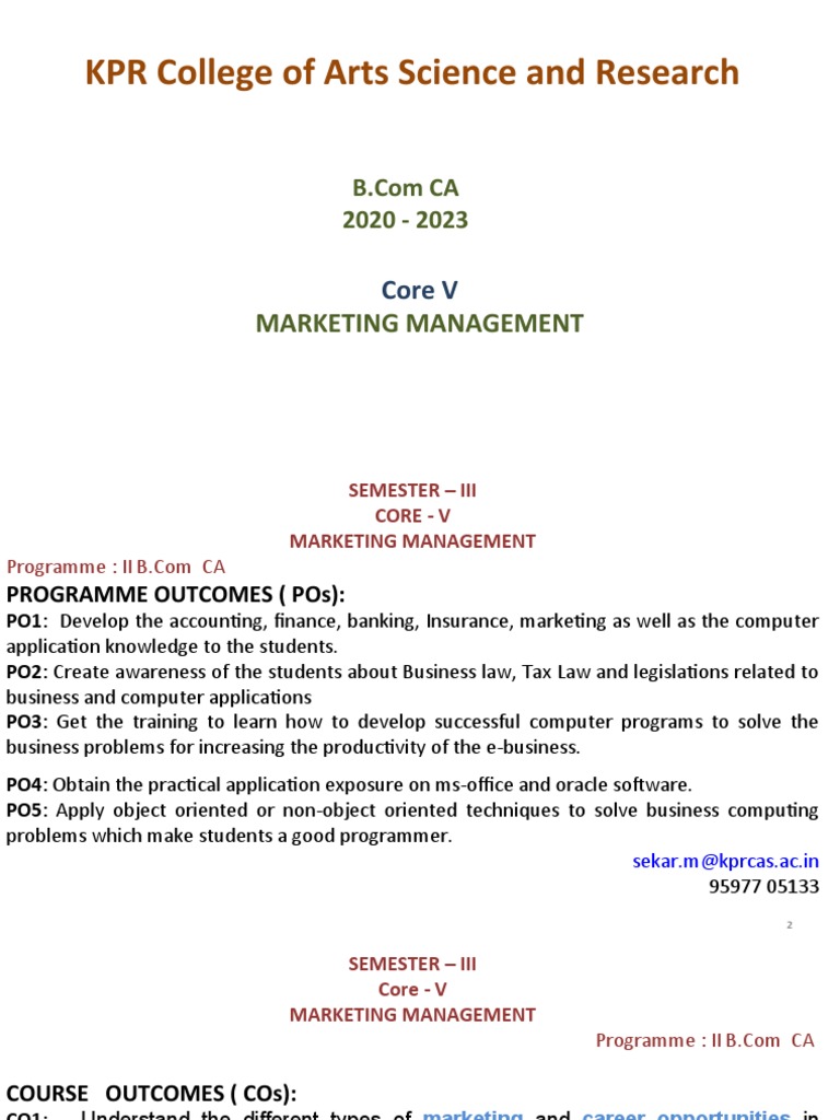 KPR College Marketing Management Course | PDF | Behavior | Consumer ...