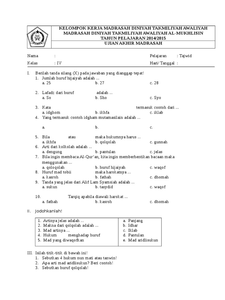 Soal MDTA Kelas 4 | PDF