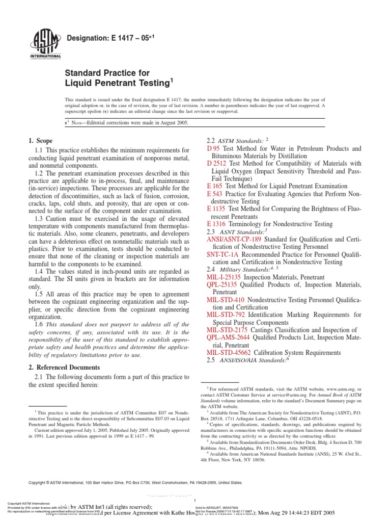 ASTM E 1417 Standard Practice For Liquid Penetrant Testing 1of1 | PDF ...