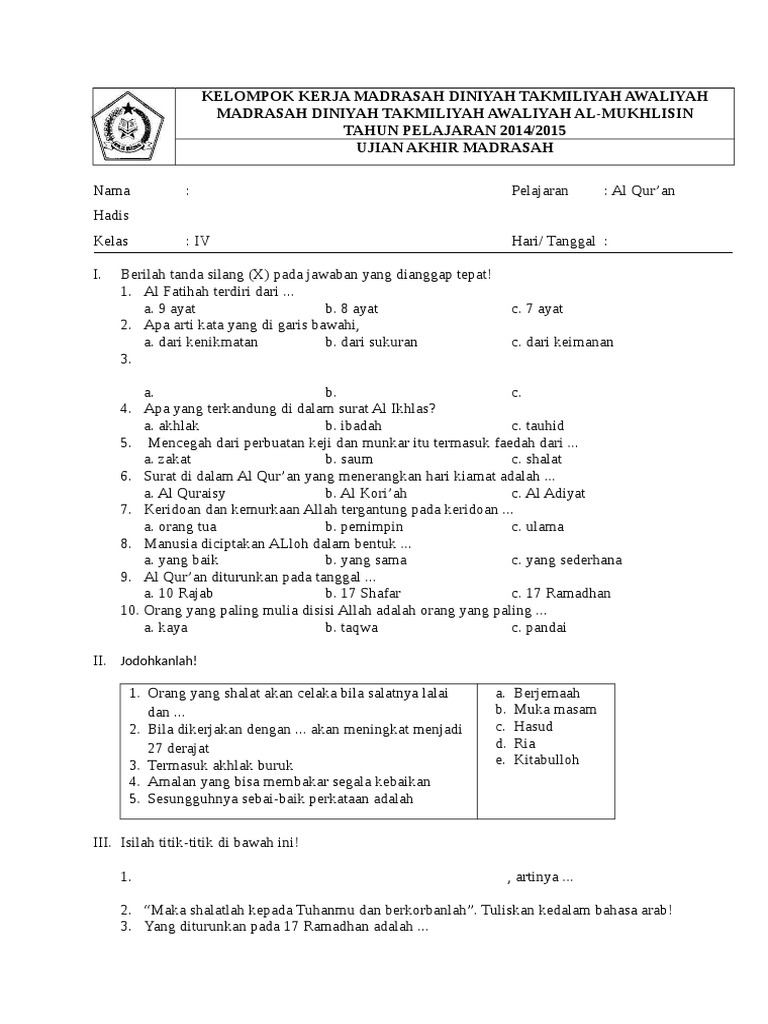 Soal Ulangan MDTA | PDF