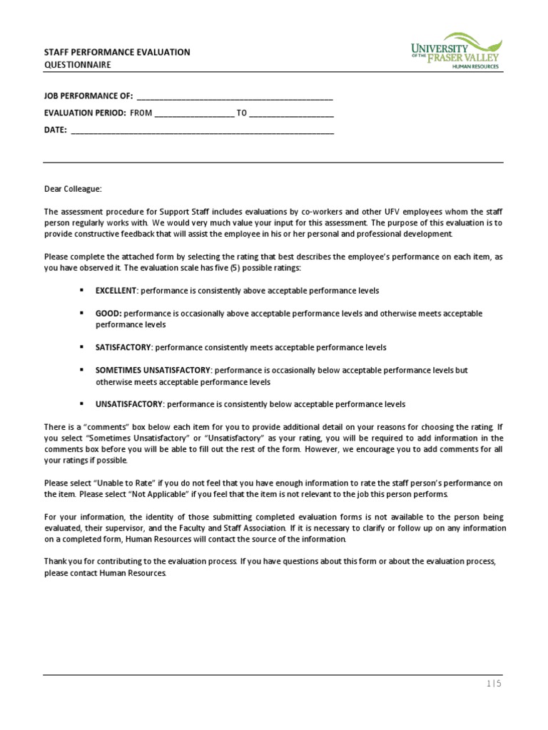 Staff Performance Evaluation Questionnaire | PDF | Business | Applied ...