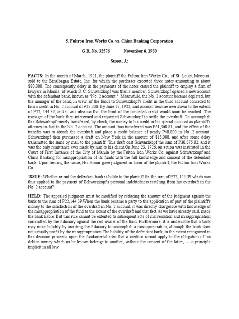 Fultron Iron Works v. China Banking | PDF | Judgment (Law) | Overdraft