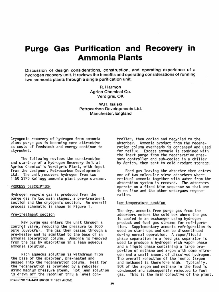 Purge Gas Purification and Recovery in Ammonia Plants: Process ...