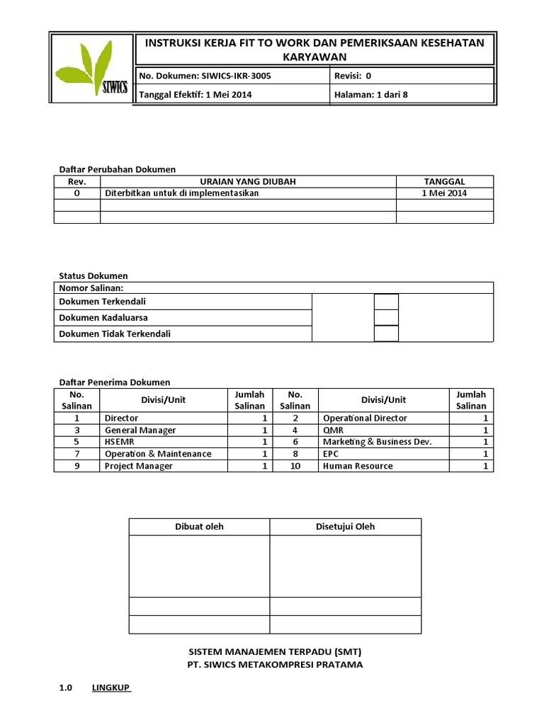Prosedur Fit to Work Karyawan Siwics | PDF