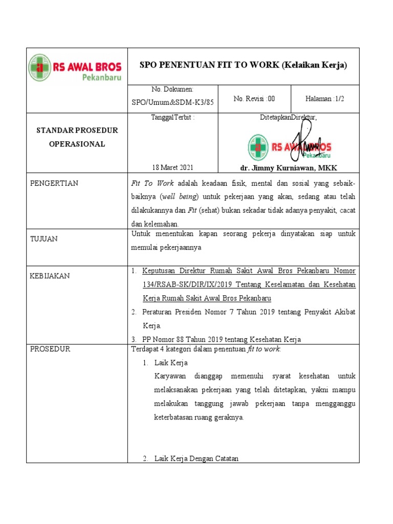 Penentuan Fit To Work (Kelaikan Kerja) | PDF