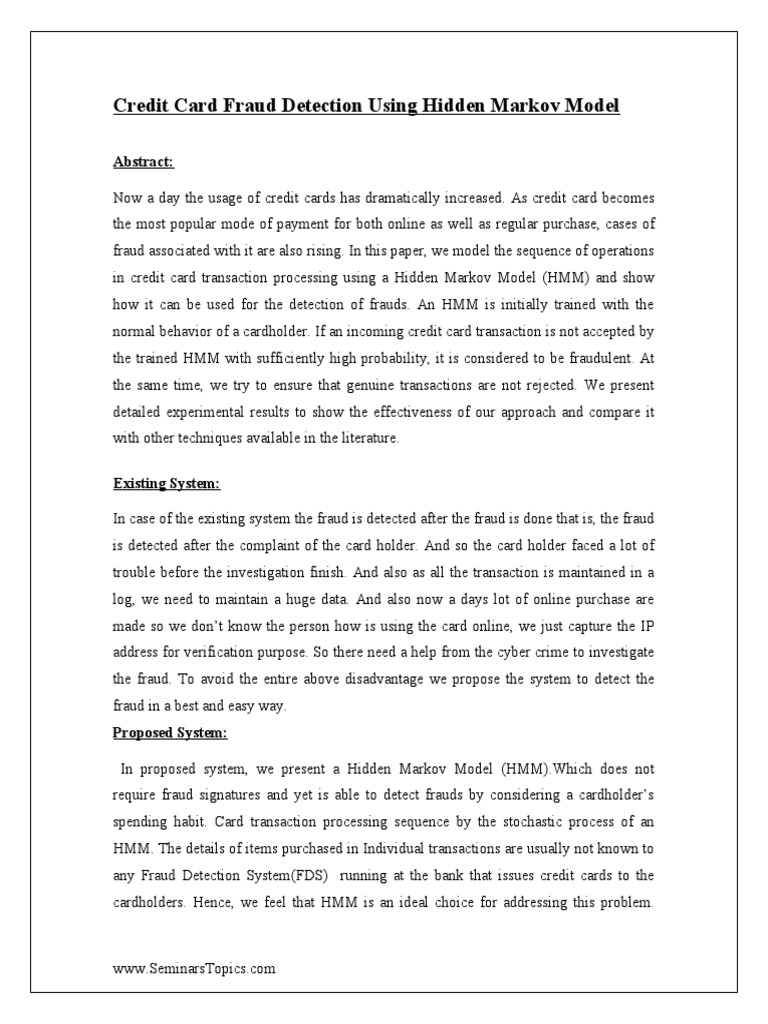 Credit Card Fraud Detection Using Hidden Markov Model: Abstract | PDF | Credit Card | Method ...