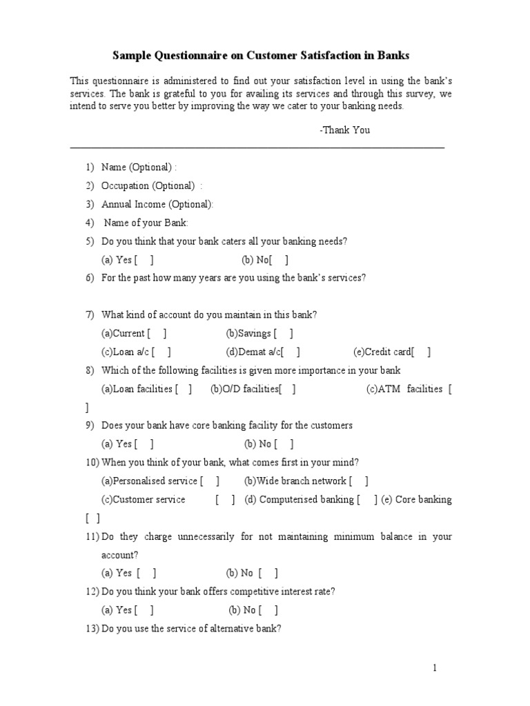 Customer Satisfaction Survey for Banks | PDF | Banks | Economies