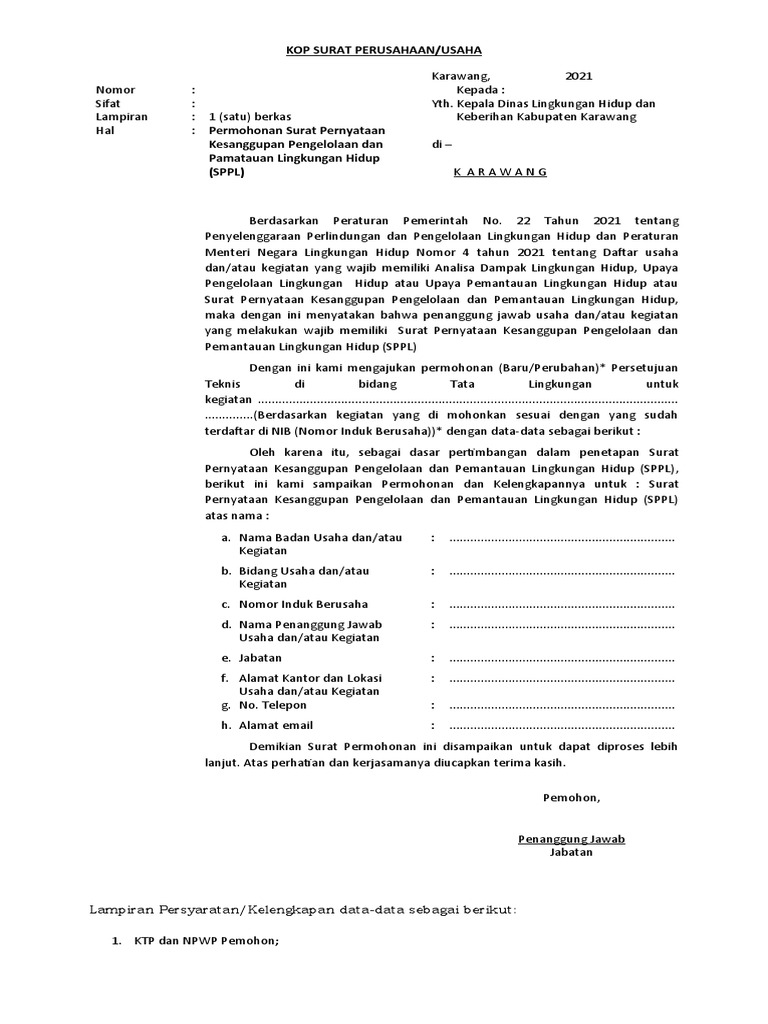 Form Surat Permohonan SPPL | PDF