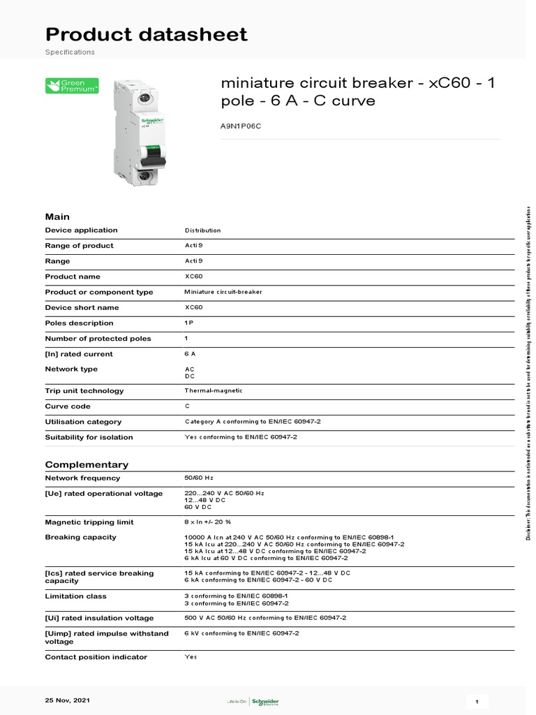 Product Datasheet: Miniature Circuit Breaker - xC60 - 1 Pole - 6 A - C Curve | PDF | Alternating ...