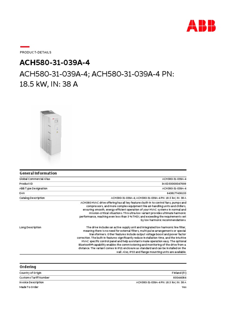 ACH580-31-039A-4: ACH580-31-039A-4 ACH580-31-039A-4 PN: 18.5 KW, IN: 38 ...