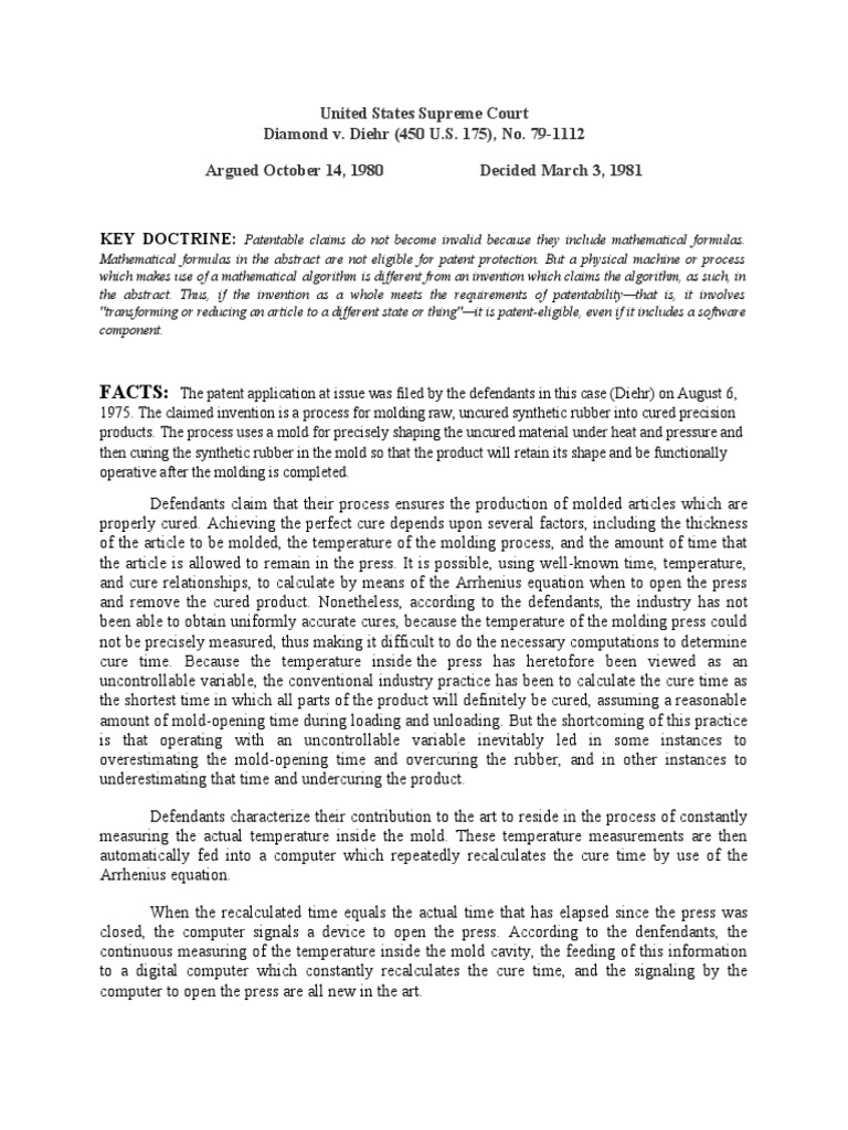 Diamond vs. Diehr | PDF | Patent Law | Intellectual Property Law