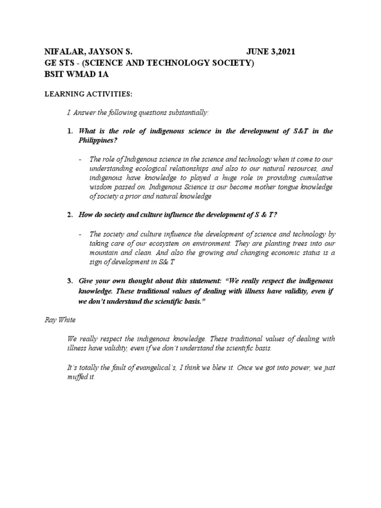 Nifalar, Jayson S. JUNE 3,2021 Ge Sts - (Science and Technology Society) Bsit Wmad 1A | PDF
