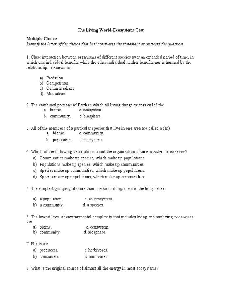 The Living World Ecosystem Unit 1 Test | PDF | Food Web | Organisms