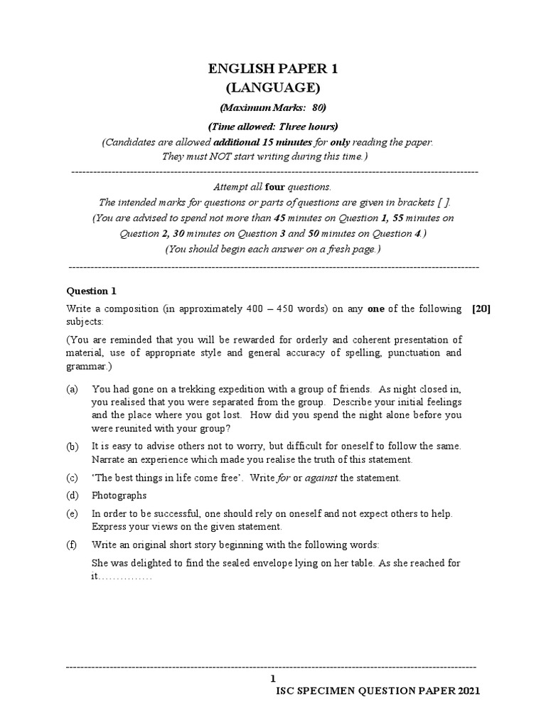 English Paper 1 Specimen QP 2021 | PDF