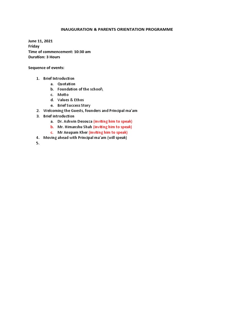 Inauguration & Parents Orientation Programme | PDF