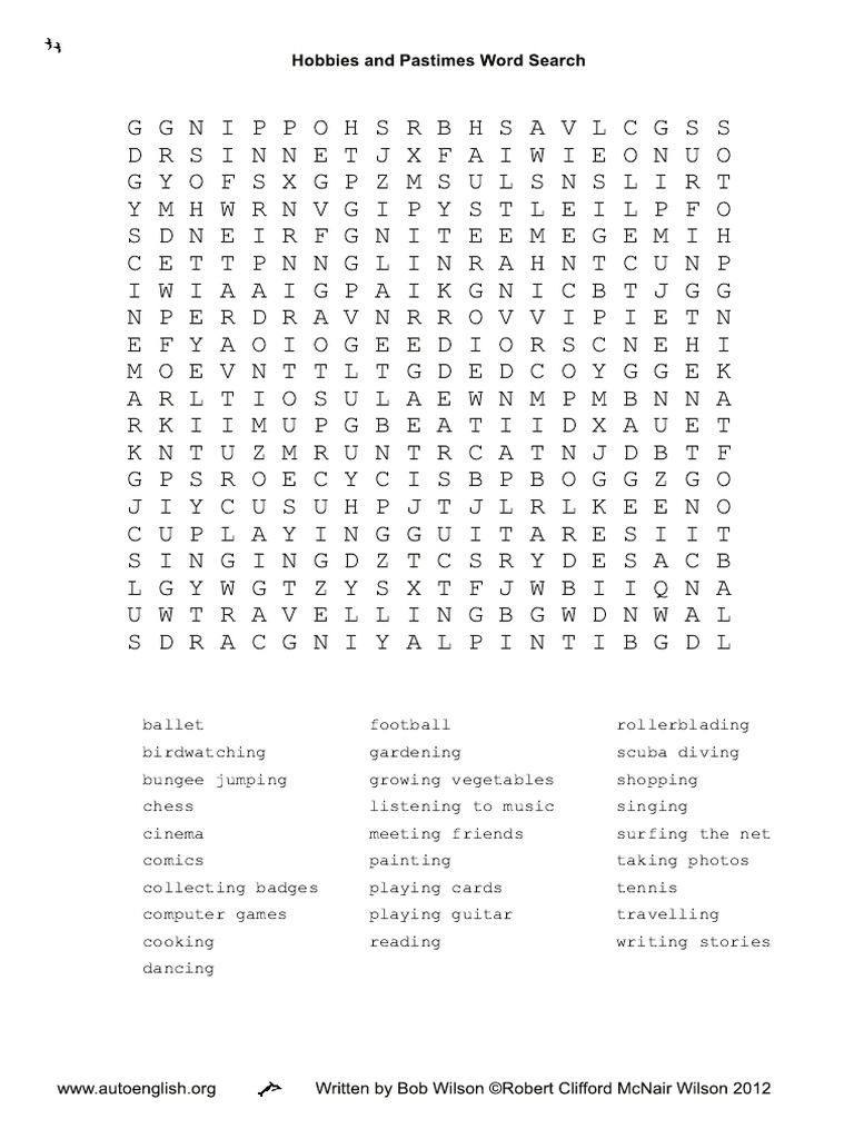 Hobbies and Pastimes Word Search | PDF | Leisure | Recreation