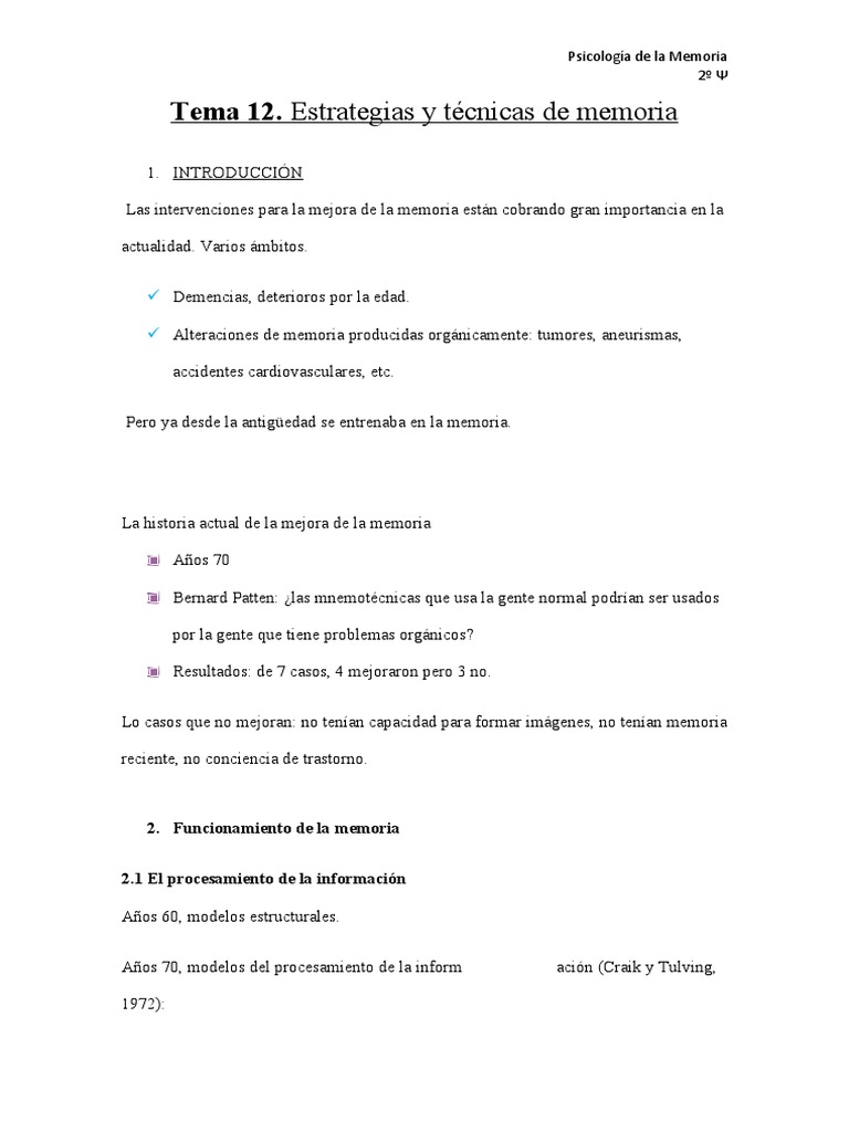 Tema 12 Psicologia De La Memoria Pdf Memoria Sicología