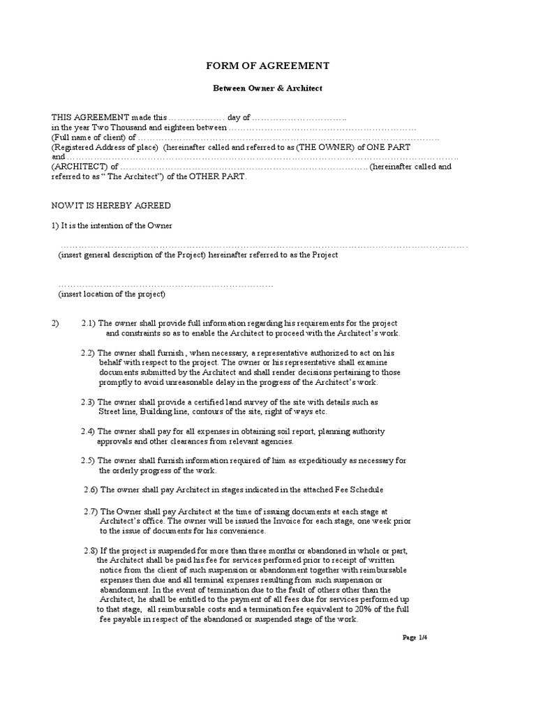 Form of Agreement Between Client and Architect | PDF | Mail | Architect