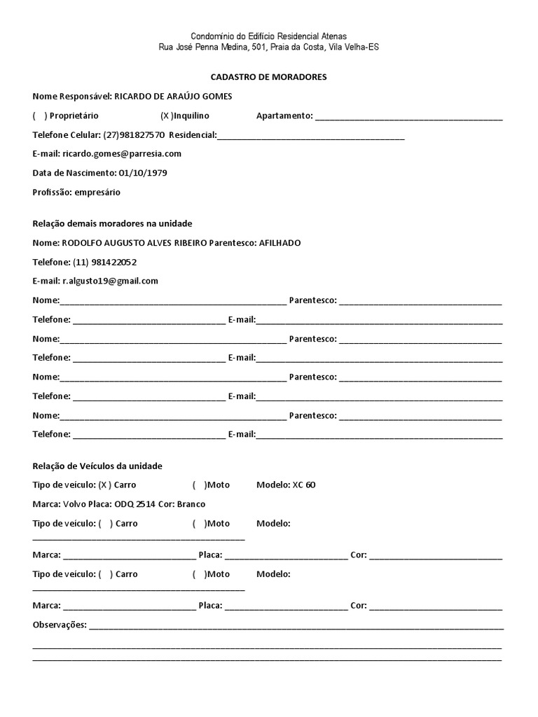 Ficha Cadastro Moradores | PDF